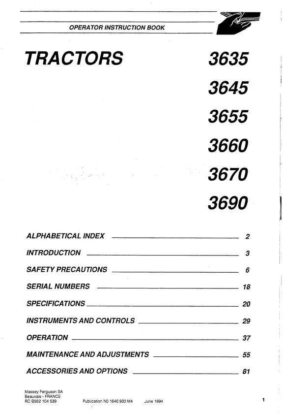 Massey MF 3600 3635 3645 3655 3660 3670 3690 Operator manual - Tradebit