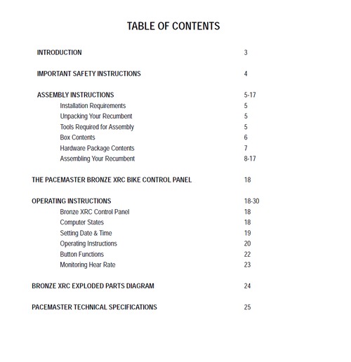 PaceMaster Bronze XRC Recumbent Bike Owner Manual - Tradebit
