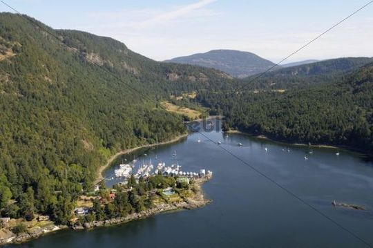 Aerial view of Genoa Bay and Genoa Bay Marina, Vancouver Island, Br...