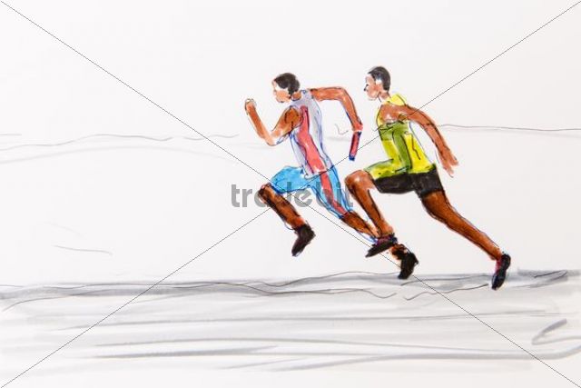 Two runners, track and field athletics, drawing by the artist Gerha...